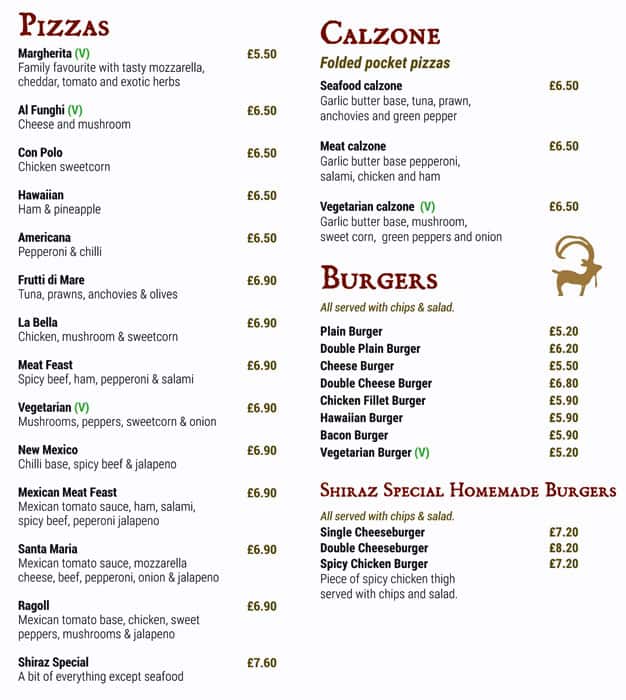 Menu at Shiraz Palace restaurant, Liverpool