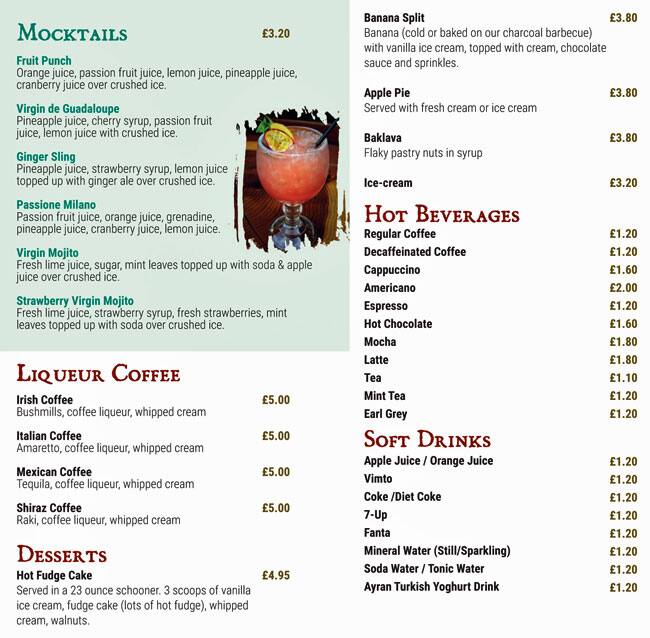 Menu at Shiraz Palace restaurant, Liverpool