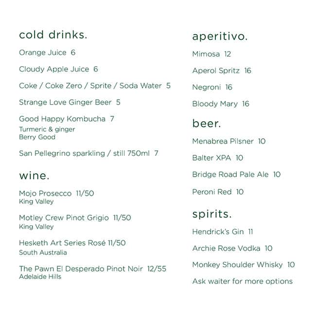 Menu at Morning After. cafe, Brisbane City