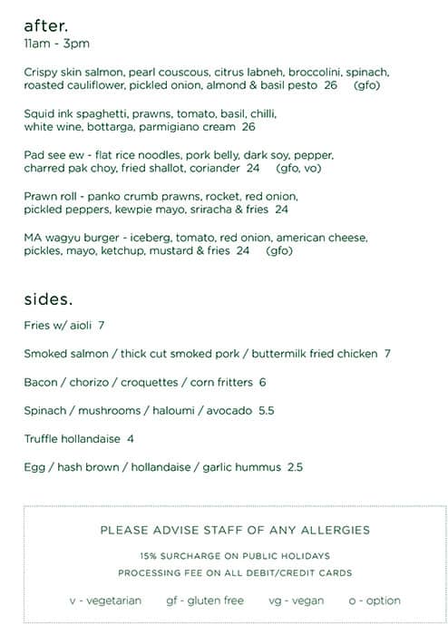 Menu at Morning After. cafe, Brisbane City