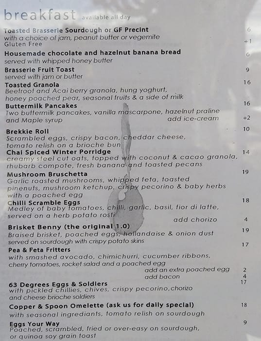 Menu at Copper and Spoon cafe, Essendon