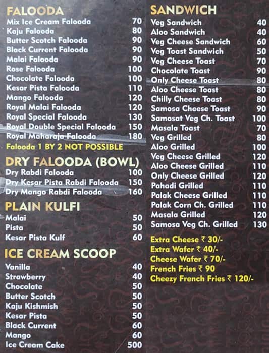 Menu of Royal Falooda And Juice Centre, Sion, Mumbai