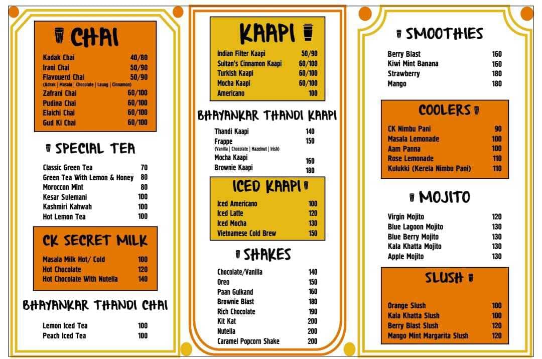 Menu of Chai Kaapi, Chitrakoot, Jaipur