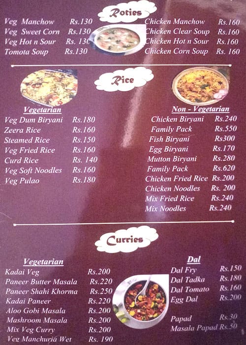 Menu of Hotel Anmol Continental, Lakdikapul, Hyderabad