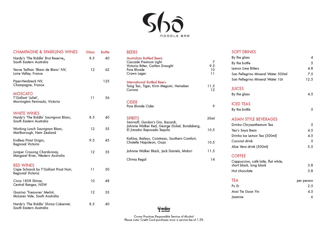 Menu at Sho Noodle Bar, Southbank