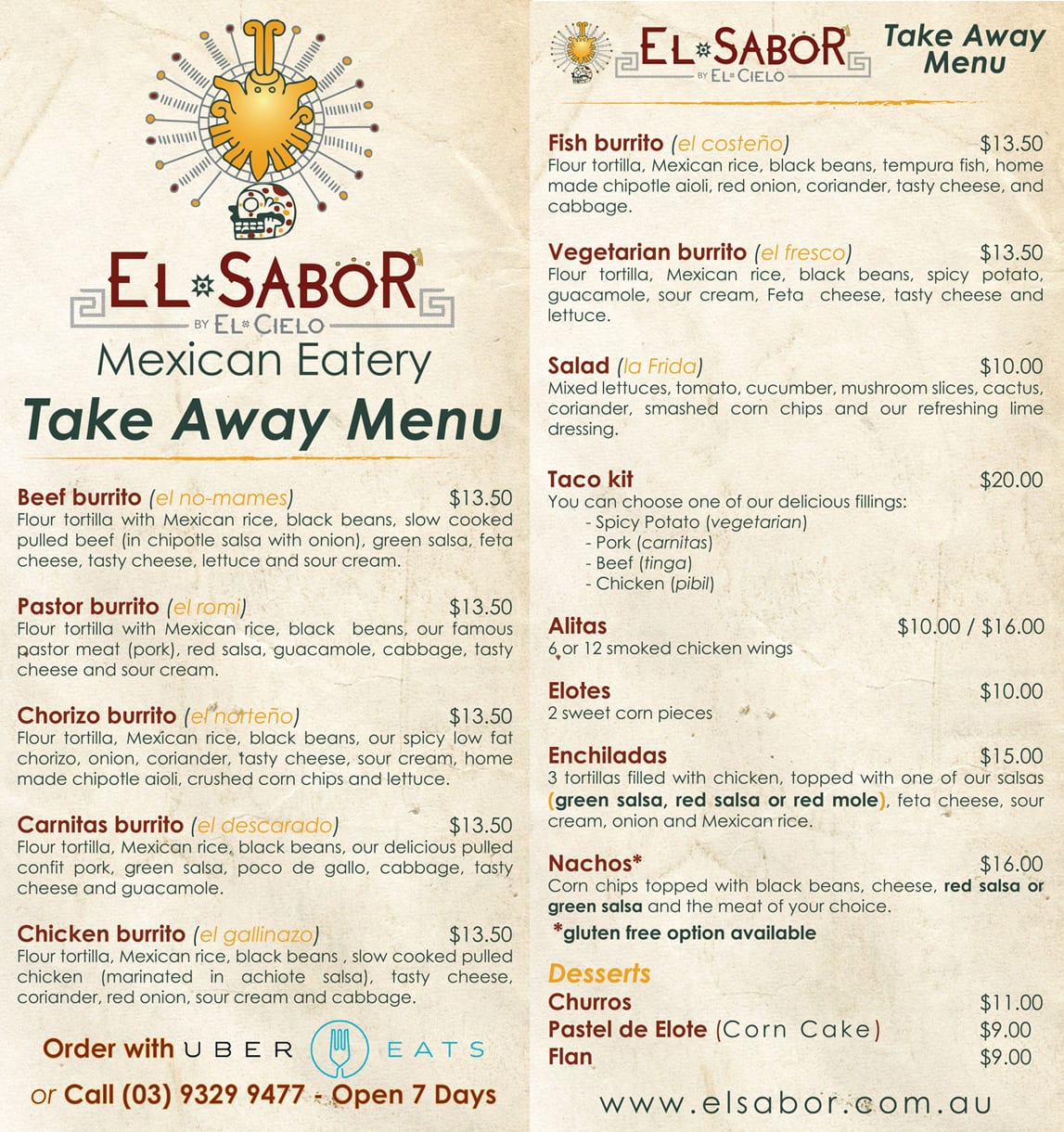 Menu at El Sabor - Mexican Restaurant, North Melbourne, 500 Victoria St