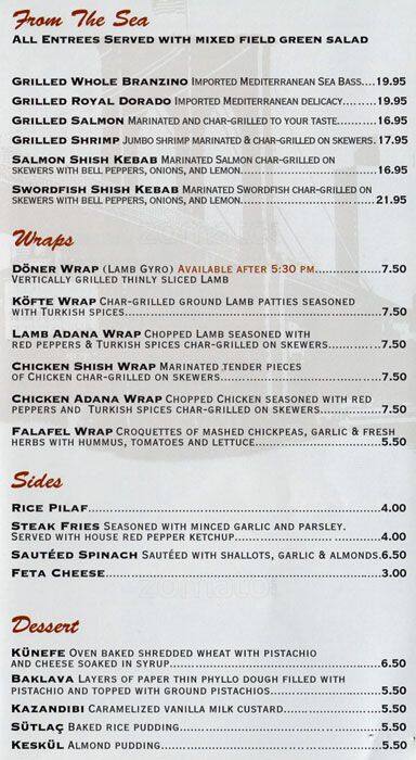 Menu at Taksim restaurant, West New York, 2nd Ave
