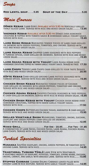 Menu at Taksim restaurant, West New York, 2nd Ave