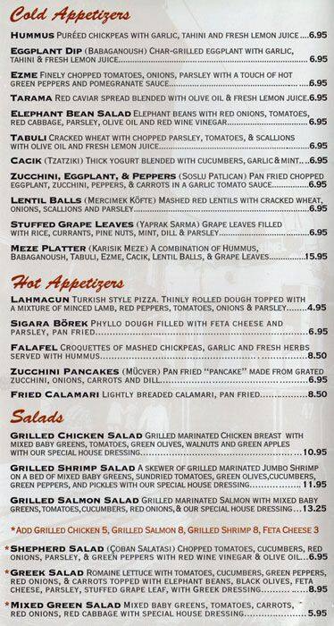Menu at Taksim restaurant, West New York, 2nd Ave