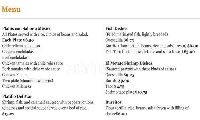 Menu at El Metate restaurant, San Francisco