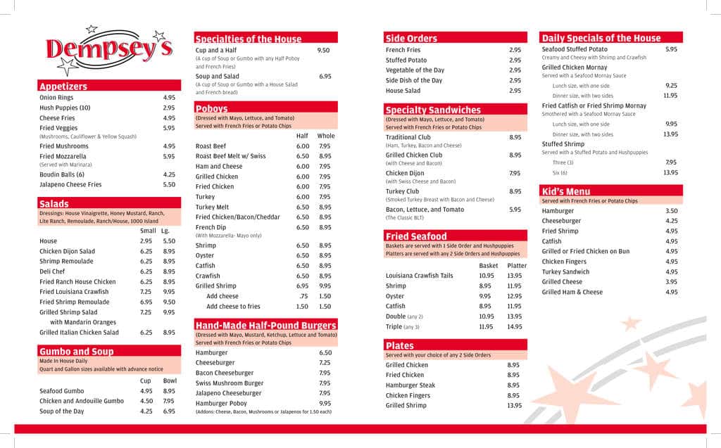 Dempsey's II Menu, Menu for Dempsey's II, Corporate/Jefferson, Baton ...