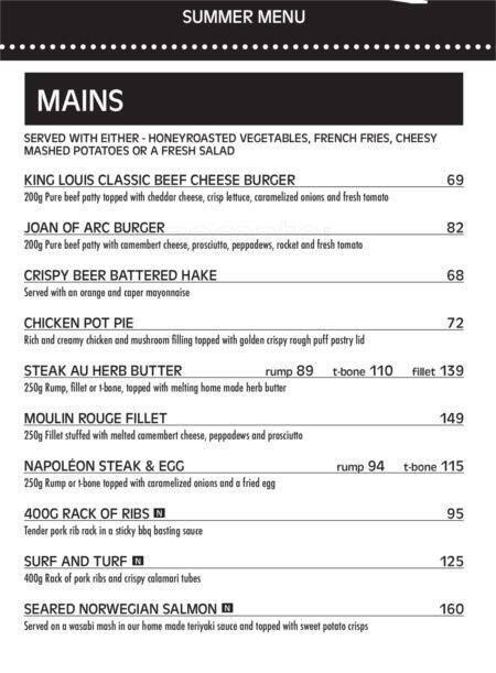 Menu at Cafe de Cafe, Centurion, 85