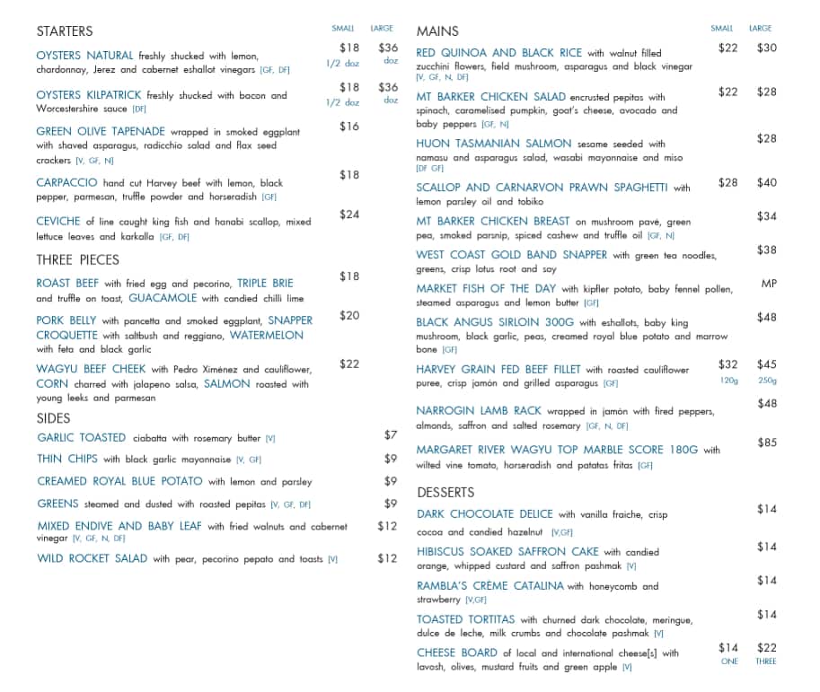 Menu at Rambla On Swan restaurant, South Perth