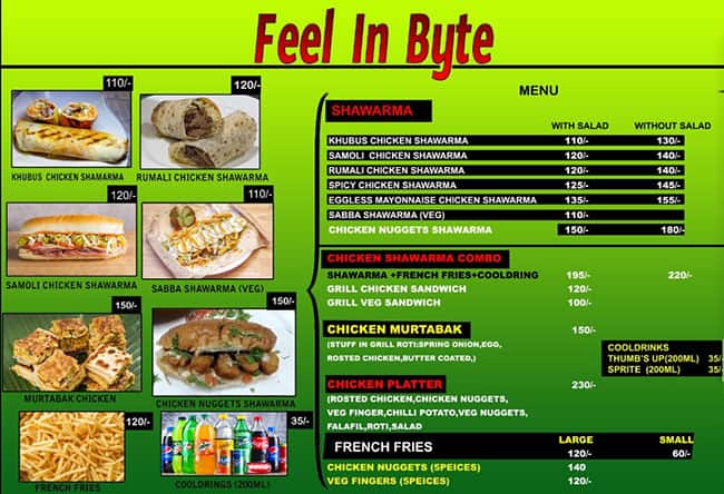 Menu of Feel In Byte, Chandrayanagutta, Hyderabad