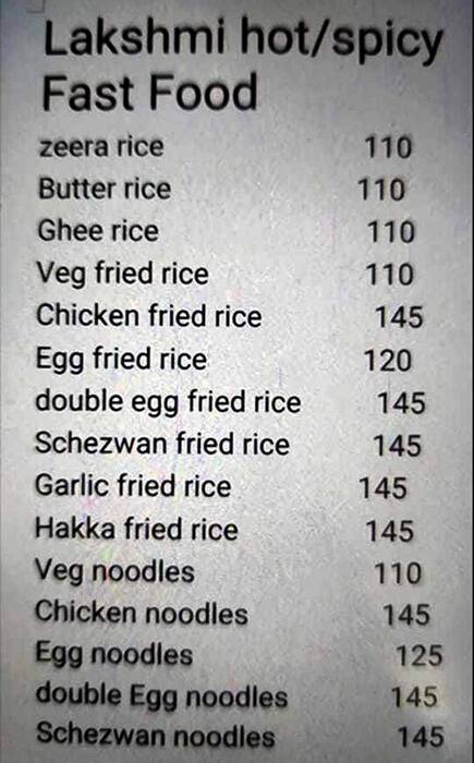 Menu of Lakshmi Restaurant, Dilsukhnagar, Hyderabad