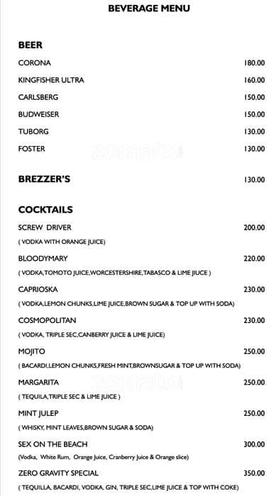 Menu at Zero Gravity Disc & Lounge, Gurugram
