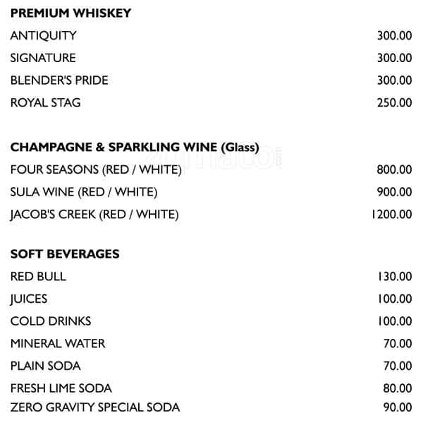 Menu at Zero Gravity Disc & Lounge, Gurugram