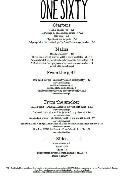 Menu at One Sixty Bar & Restaurant, London