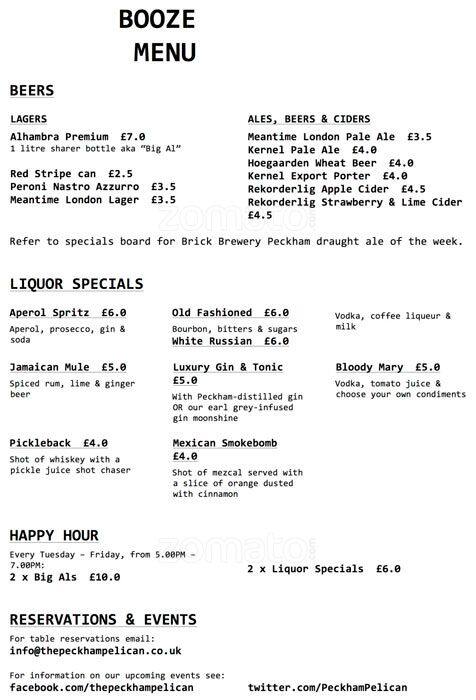 Menu at The Peckham Pelican pub & bar, London, The Peckham Pelican