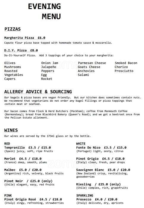 Menu at The Peckham Pelican pub & bar, London, The Peckham Pelican