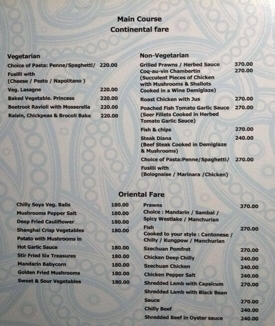 Menu at Pacifica, Chennai