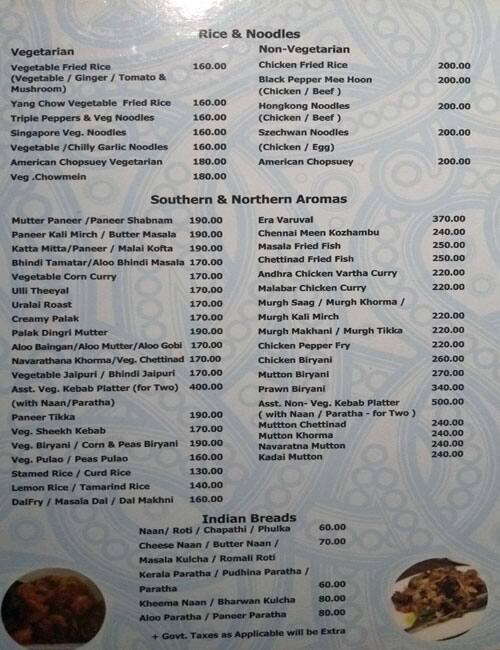 Menu at Pacifica, Chennai