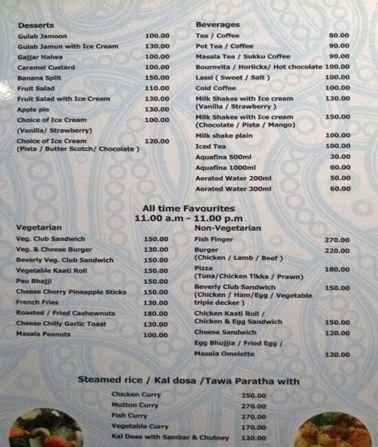 Menu at Pacifica, Chennai