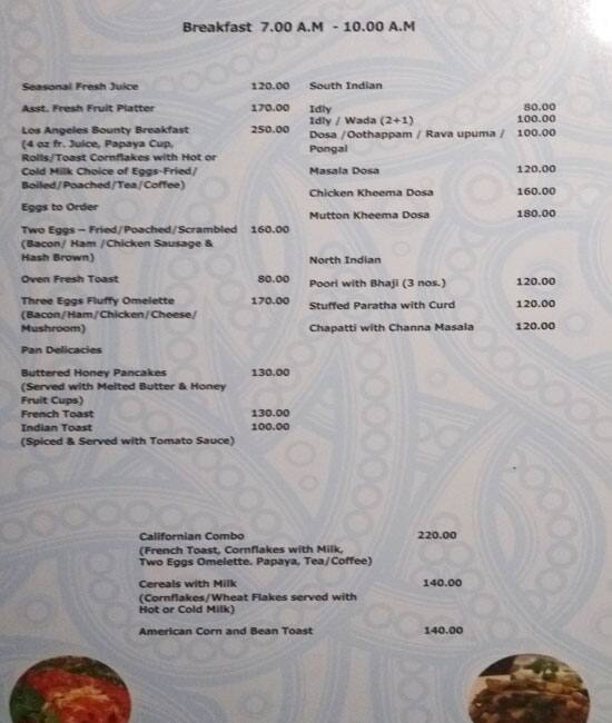 Menu at Pacifica, Chennai