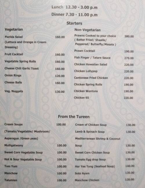 Menu at Pacifica, Chennai