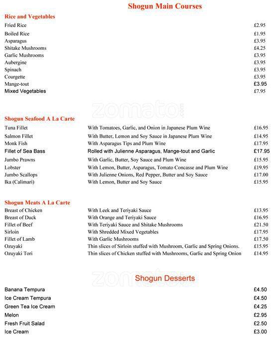 Menu at Shogun Cube restaurant, Birmingham