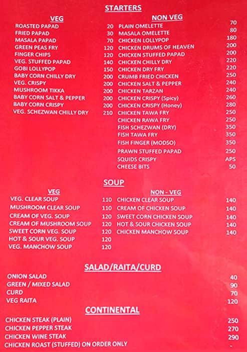 Menu of Reis Corner, Mapusa, Goa