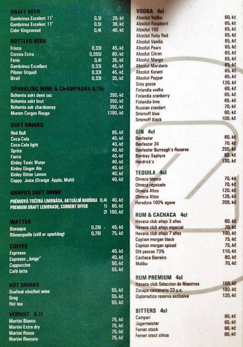 Menu at Zephyr club, Prague