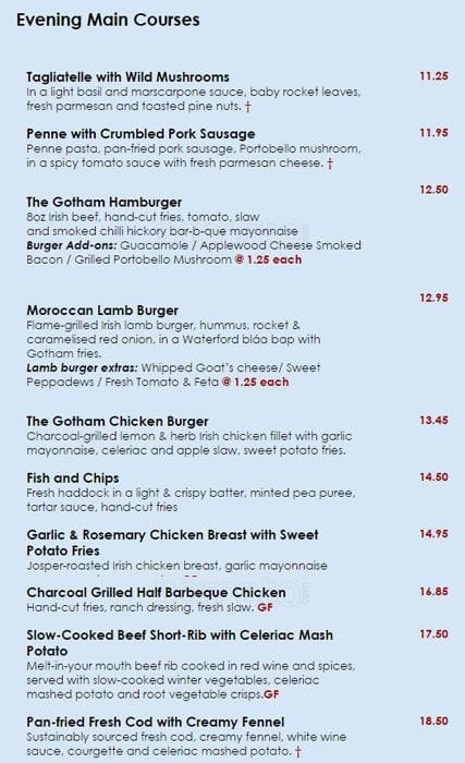 Menu at Gotham South Restaurant & Cafe, Dublin