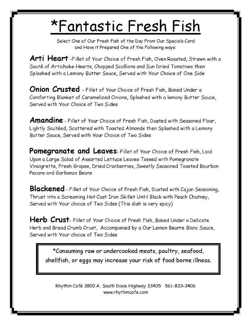 Menu at Rhythm Cafe, West Palm Beach
