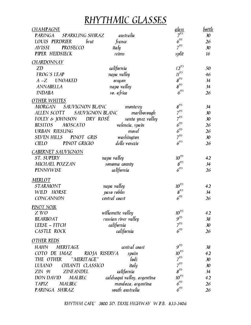 Menu at Rhythm Cafe, West Palm Beach