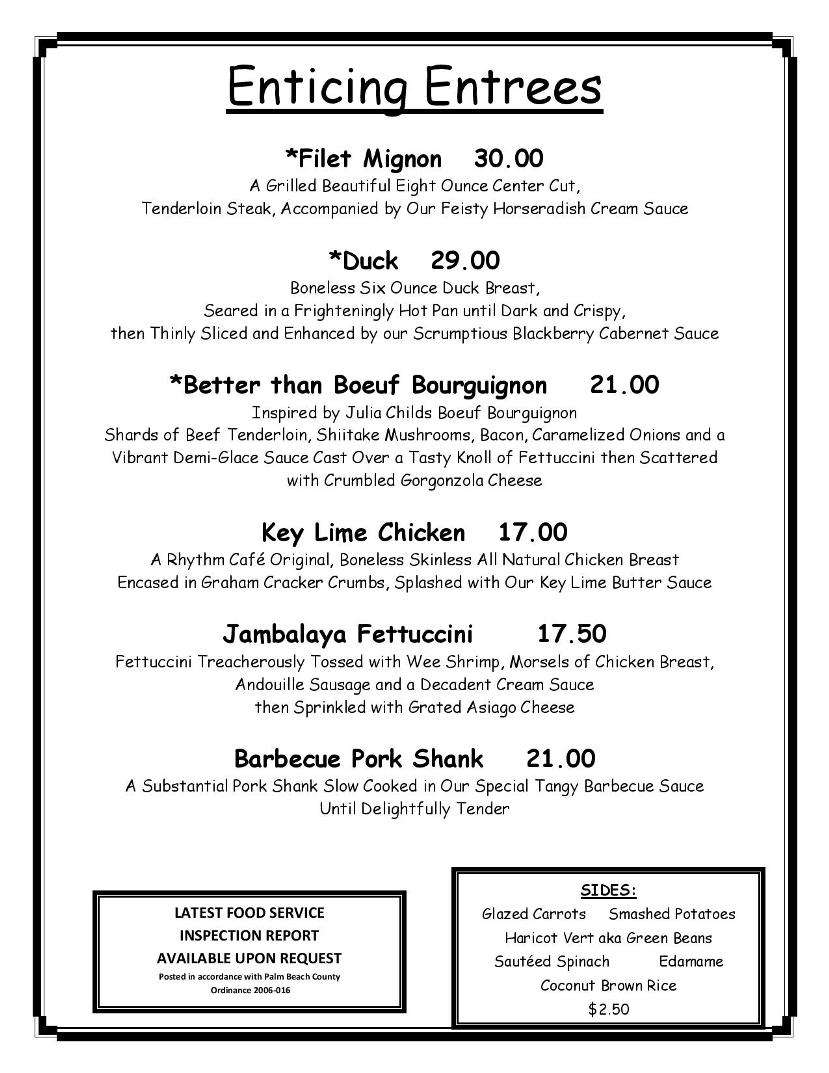 Menu at Rhythm Cafe, West Palm Beach