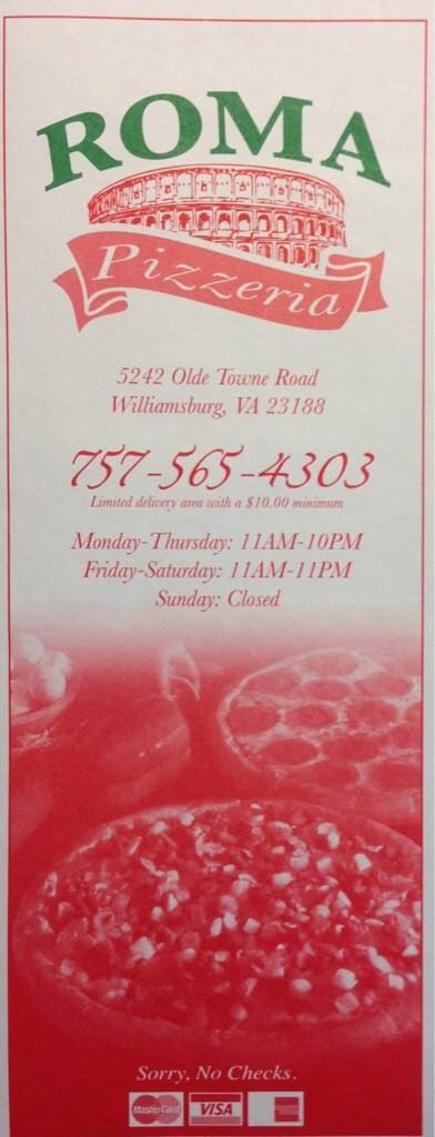 Roma Pizzeria Menu, Menu for Roma Pizzeria, Williamsburg / James City ...