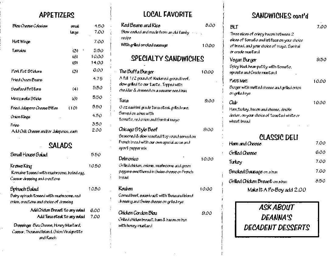 Menu at Buffa's pub & bar, New Orleans