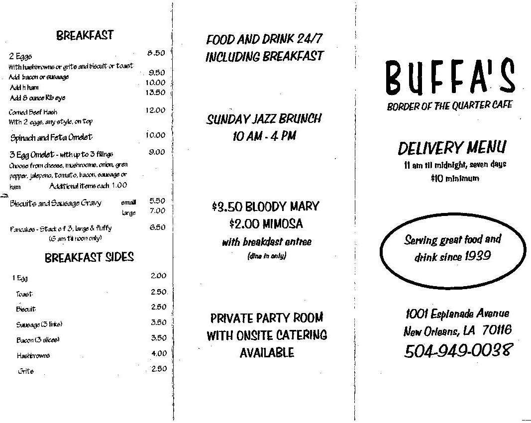 Menu at Buffa's pub & bar, New Orleans