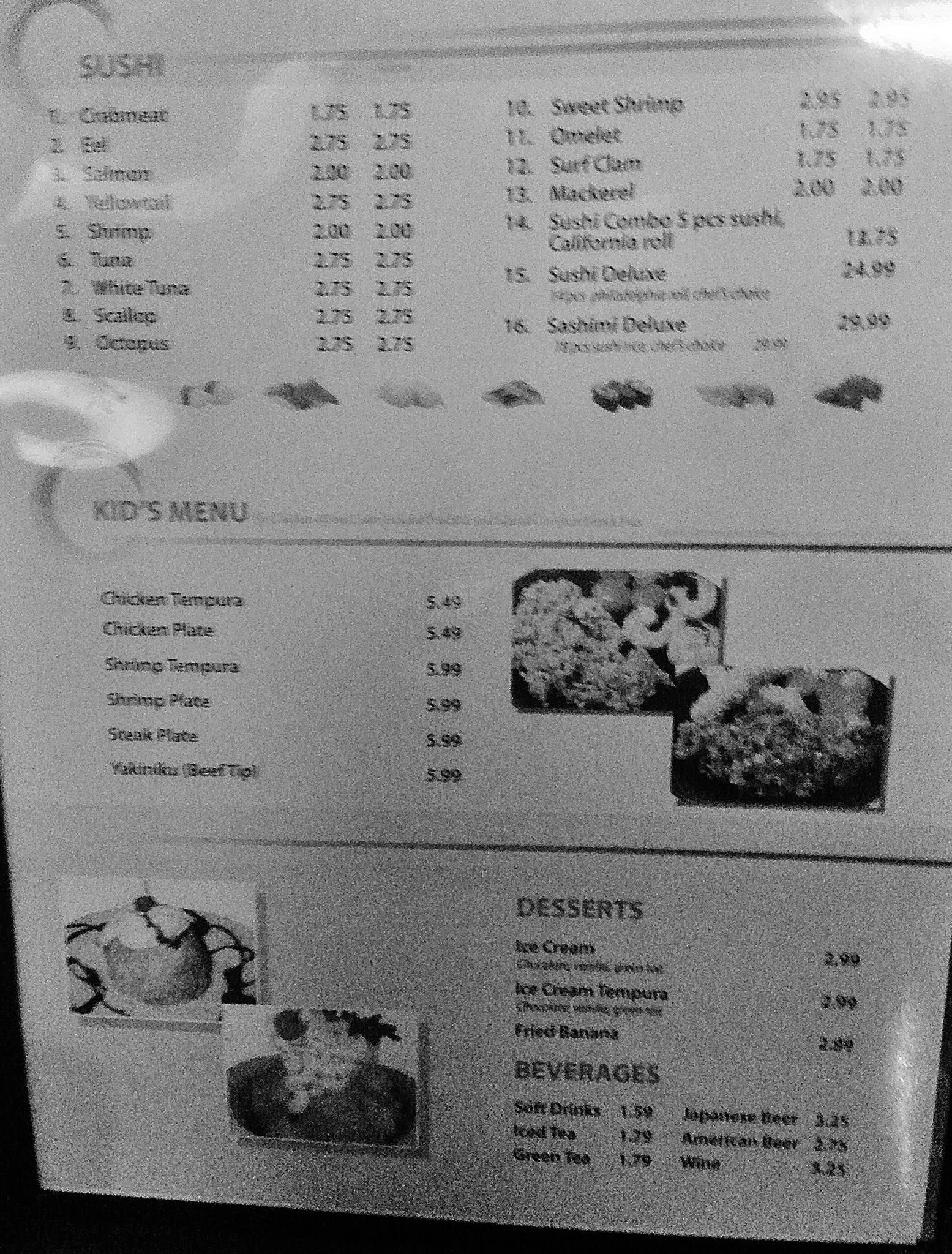 Menu at Tokyo Hibachi & Sushi restaurant, Seymour