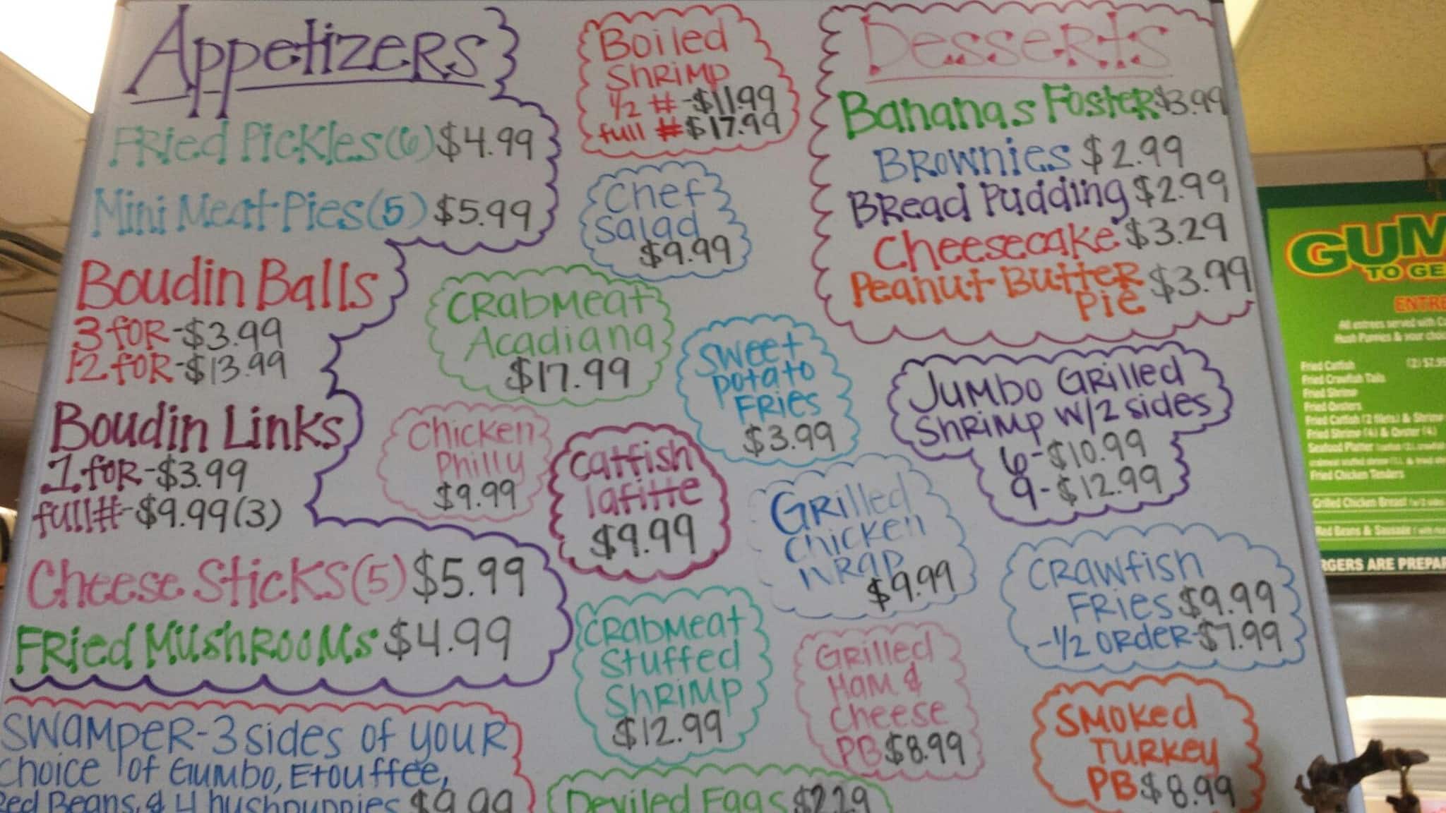 Menu at Gumbo to Geaux restaurant, Bossier City, Barksdale Blvd Suite 112