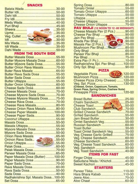 Menu at Hotel Radhakrishna, Thane, Kalwa Naka