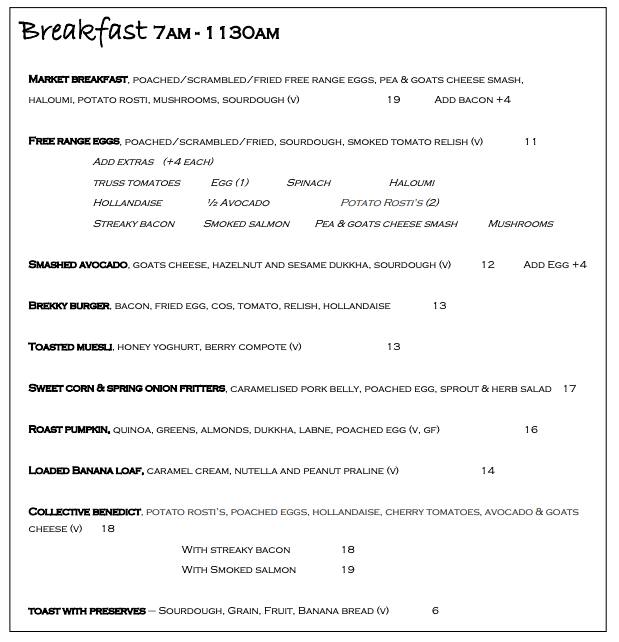 Menu at Collective Kitchen & Bar, Brisbane City