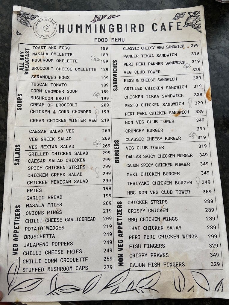 Menu of Humming Bird Cafe, Madhapur, Hyderabad