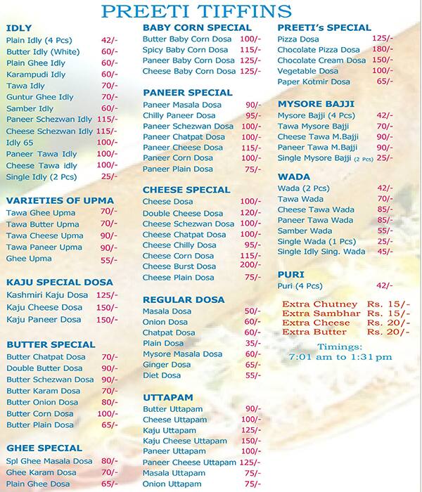 Menu at Preeti Tiffins -, Hyderabad, SY NO.104-106 Beside Vaishnavi ...