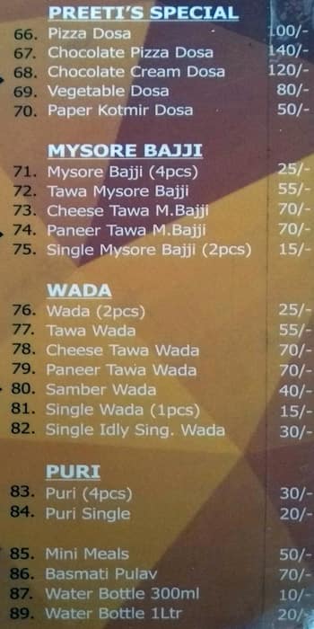 Menu at Preeti Tiffins -, Hyderabad, SY NO.104-106 Beside Vaishnavi ...