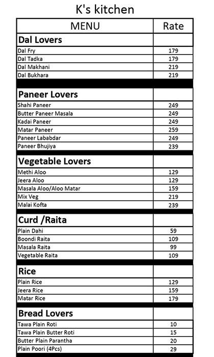 Menu of K's Kitchen, Vasundhara, Ghaziabad