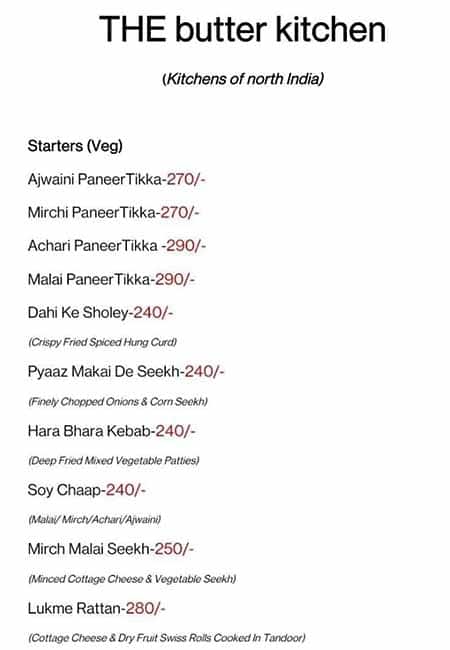 Menu of The Butter Kitchen, Sector 63, Noida