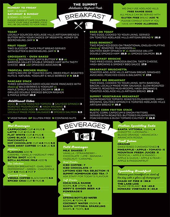 Menu at The Summit Cafe and Function Centre, Cleland