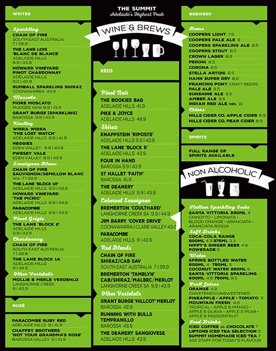 Menu at The Summit Cafe and Function Centre, Cleland